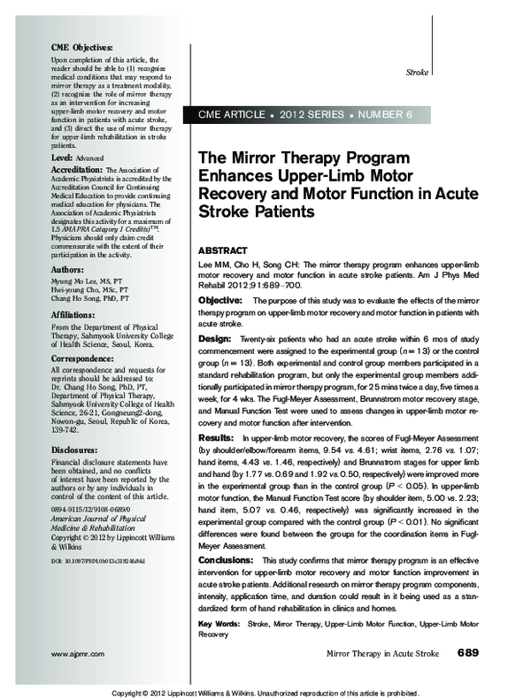 (PDF) The Mirror Therapy Program Enhances Upper-Limb Motor Recovery and Motor Function in Acute ...