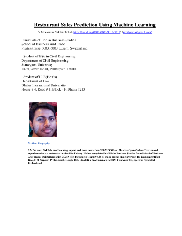 (PDF) Restaurant Sales Prediction Using Machine Learning