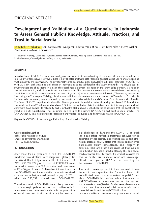 (PDF) Development and Validation of a Questionnaire in Indonesia to Assess General Public's ...