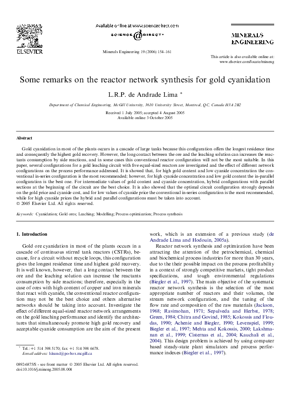 (PDF) Some remarks on the reactor network synthesis for gold cyanidation