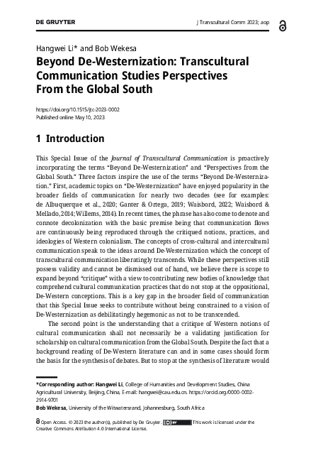 (PDF) Beyond De-Westernization: Transcultural Communication Studies Perspectives From the Global ...