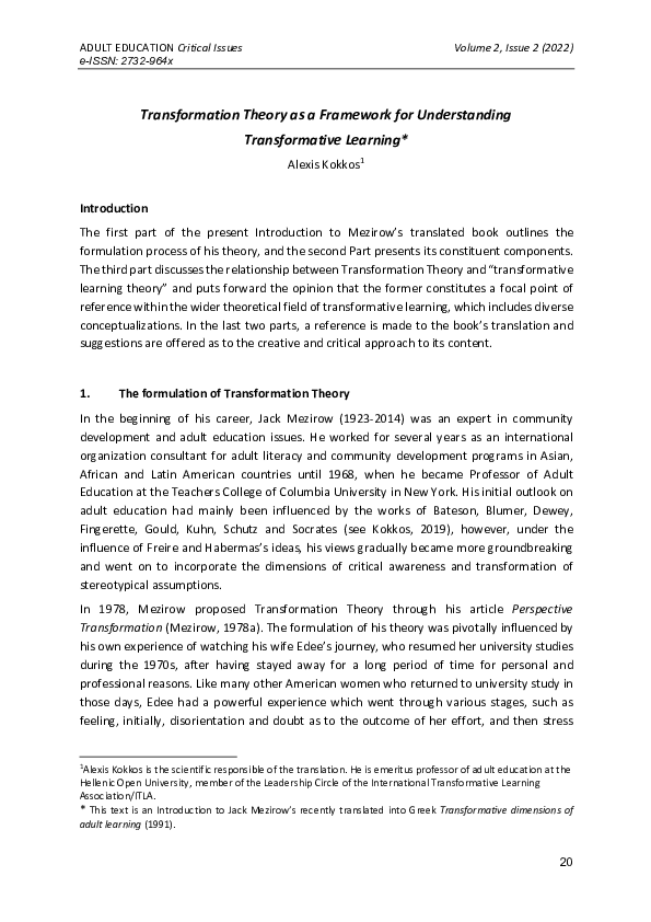 (PDF) Transformation Theory as a Framework for Understanding Transformative Learning