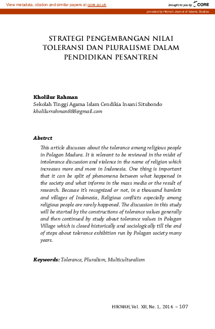 (PDF) Strategi Pengembangan Nilai Toleransi dan Pluralisme dalam Pendidikan Pesantren