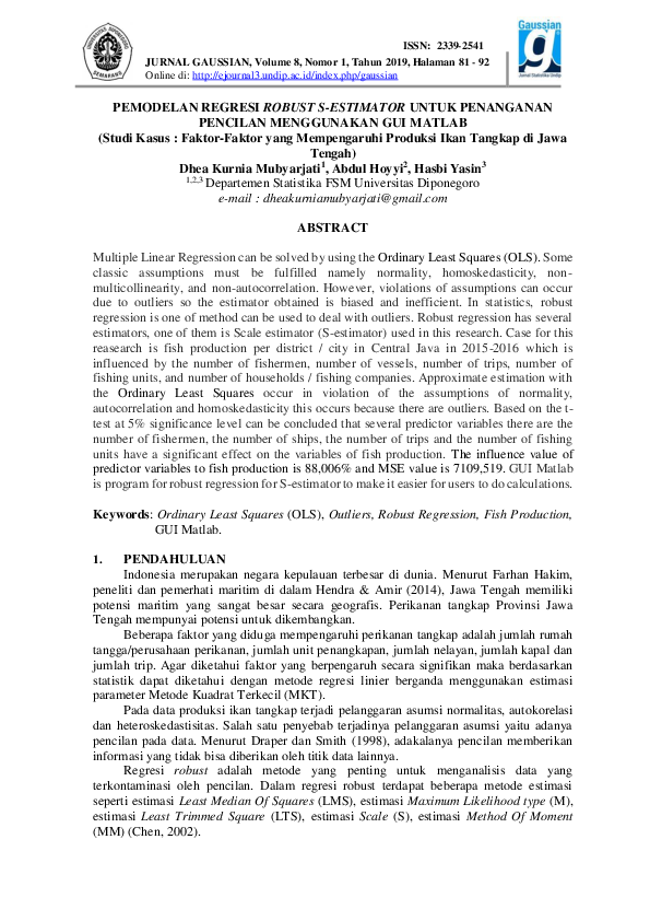 (PDF) PEMODELAN REGRESI ROBUST S-ESTIMATOR UNTUK PENANGANAN PENCILAN MENGGUNAKAN GUI MATLAB ...
