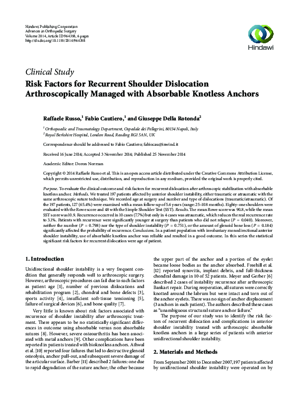 (PDF) Risk Factors for Recurrent Shoulder Dislocation Arthroscopically ...