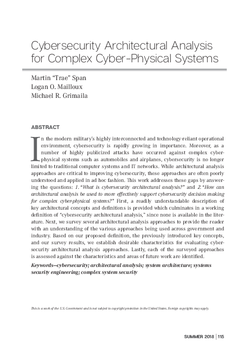 (PDF) Cybersecurity Architectural Analysis for Complex Cyber-Physical ...