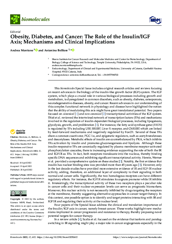 (PDF) Obesity, Diabetes, and Cancer: The Role of the Insulin/IGF Axis ...