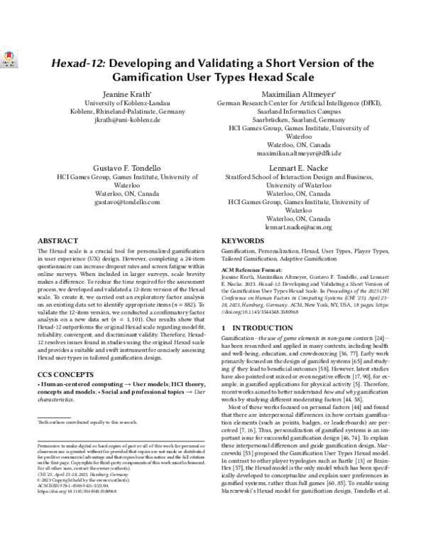 (PDF) Hexad-12: Developing and Validating a Short Version of the ...