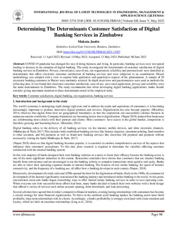 (PDF) DETERMINING THE DETERMINANTS OF CUSTOMER SATISFACTION OF DIGITAL BANKING SERVICES IN ZIMBABWE