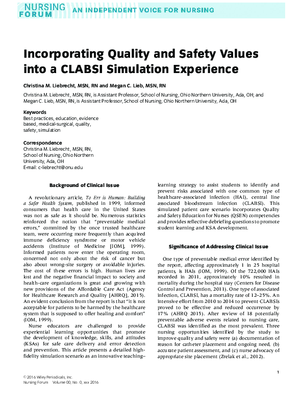 (PDF) Incorporating Quality and Safety Values into a CLABSI Simulation ...