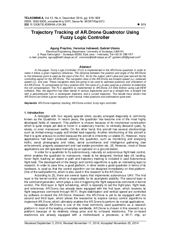(PDF) Trajectory Tracking of AR.Drone Quadrotor Using Fuzzy Logic Controller | Gabriel Utomo ...