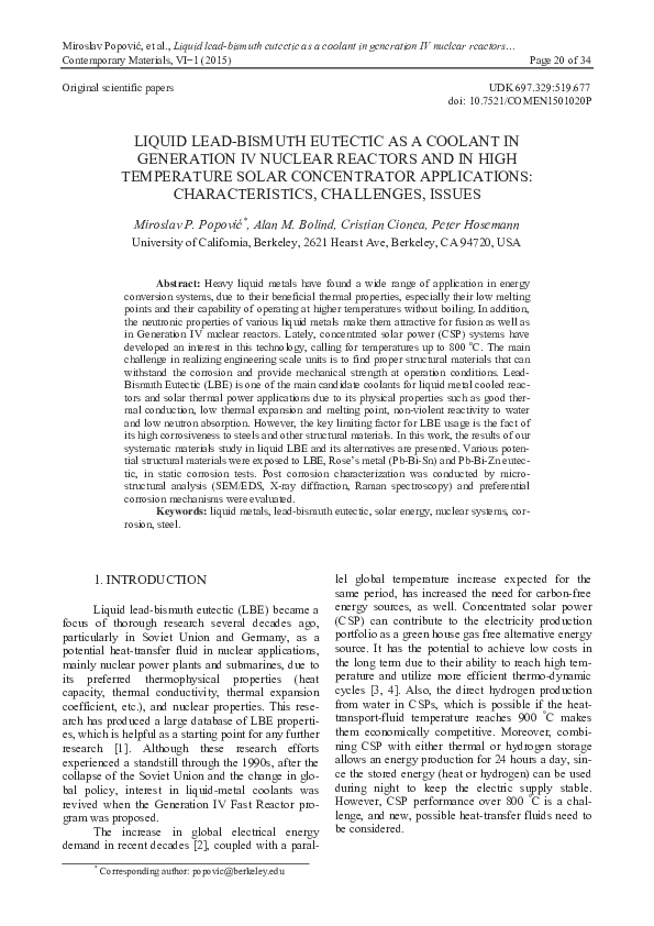 Pdf Lead Bismuth Eutectic Lbe A Coolant Candidate For Gen Iv