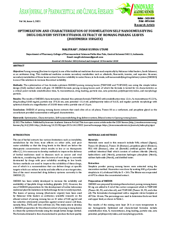 Pdf Optimization And Characterization Of Formulation Self Nanoemulsifying Drug Delivery System