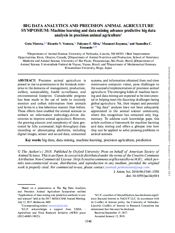 (PDF) BIG DATA ANALYTICS AND PRECISION ANIMAL AGRICULTURE SYMPOSIUM: Machine learning and data ...