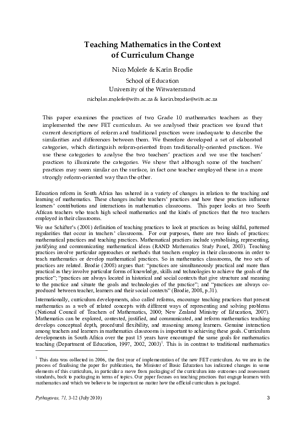 (PDF) Teaching mathematics in the context of curriculum change
