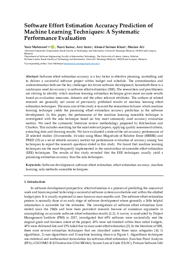 Pdf Software Effort Estimation Accuracy Prediction Of Machine