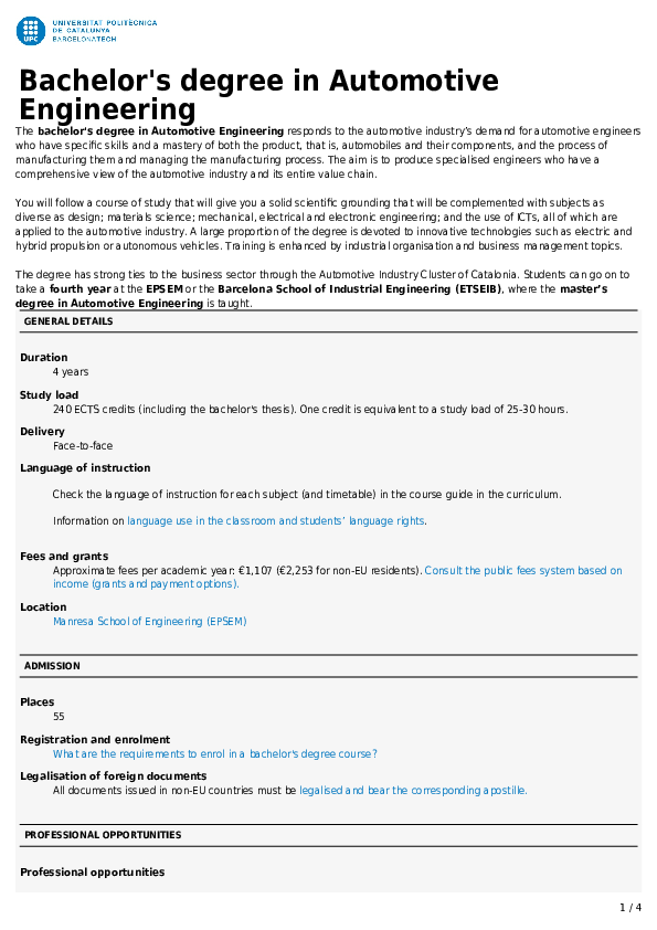 (PDF) Bachelor's degree in Automotive Engineering