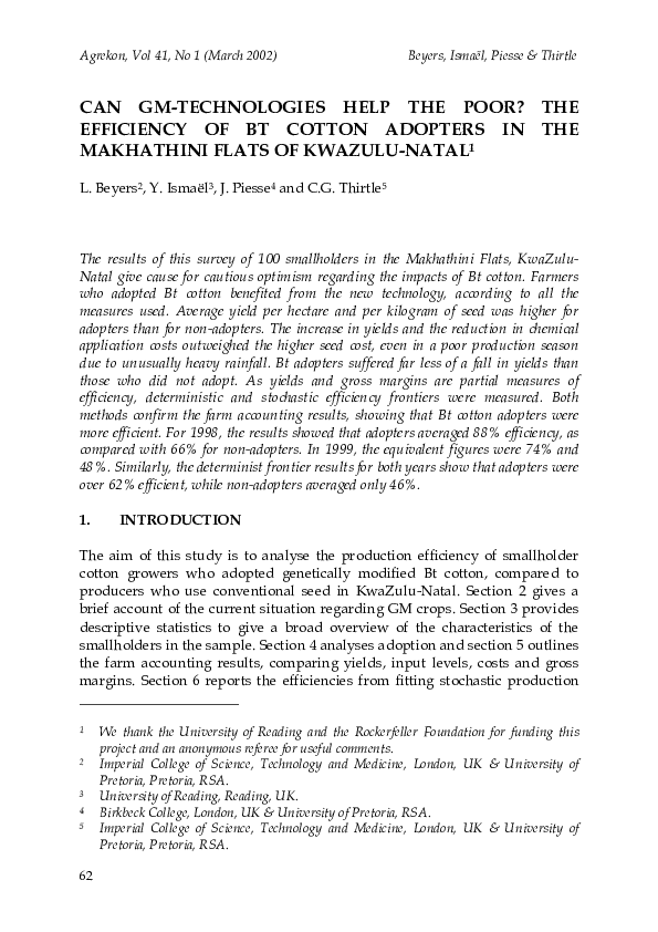 (PDF) Can GM-Technologies Help the Poor? The Efficiency of BT Cotton ...