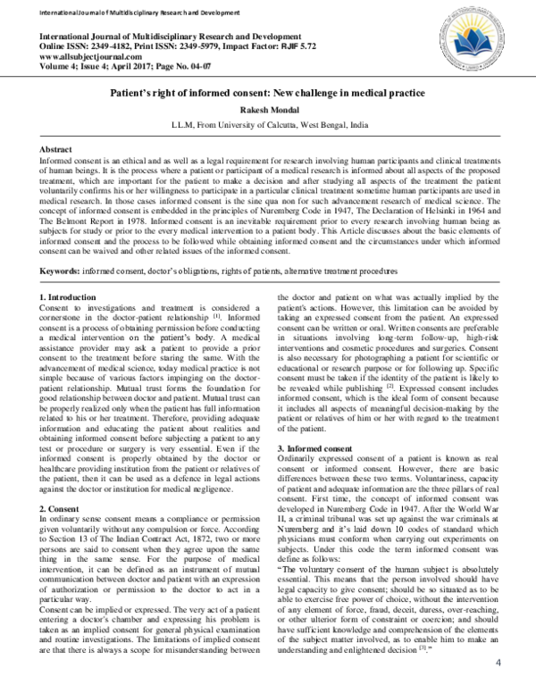 (PDF) Patient's right of informed consent: New challenge in medical ...