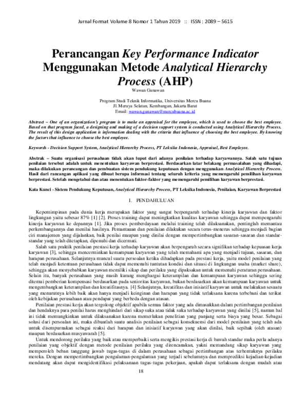 (PDF) Perancangan Key Performance Indicator Menggunakan Metode Analytical Hierarchy Process (Ahp)