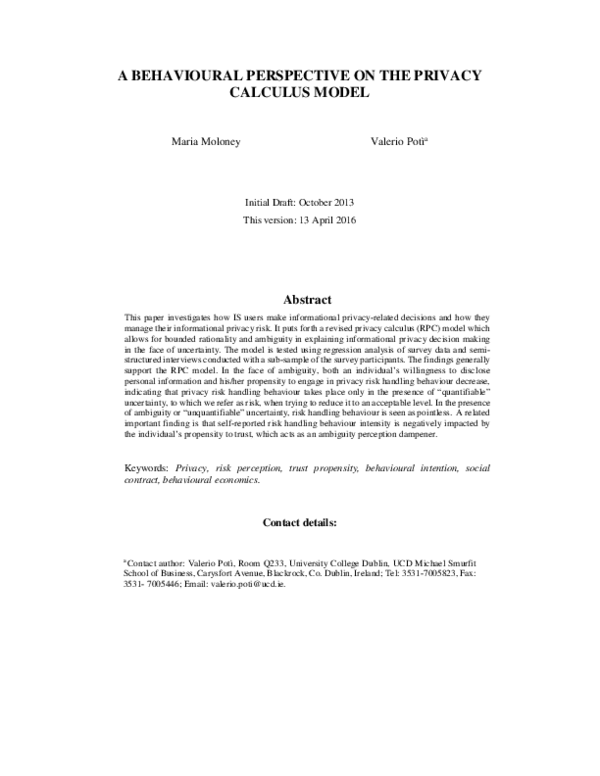 (PDF) A Behavioral Perspective on the Privacy Calculus Model