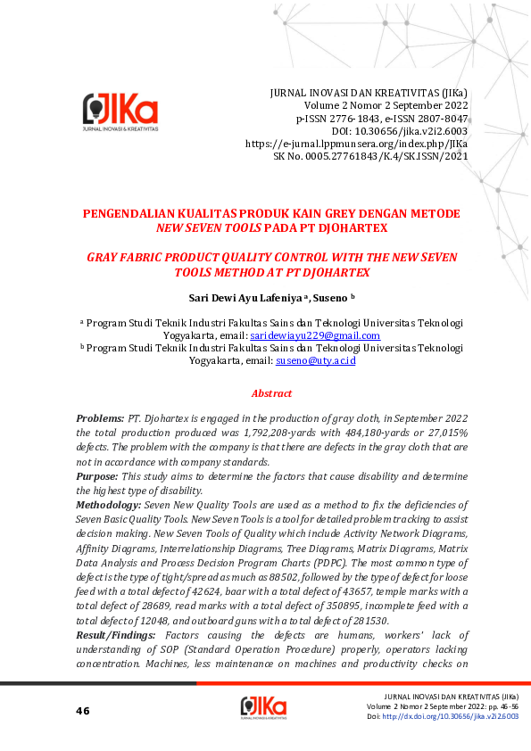 (PDF) Pengendalian Kualitas Produk Kain Grey Dengan Metode New Seven Tools Pada PT Djohartex