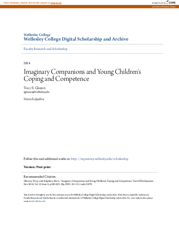 (PDF) Imaginary Companions and Young Children\u27s Coping and Competence