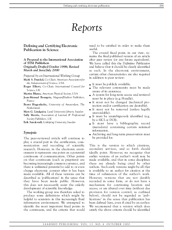 (PDF) Reports: Defining and Certifying Electronic Publication in Science
