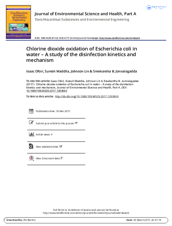 (PDF) Chlorine dioxide oxidation of Escherichia coli in water - A study ...