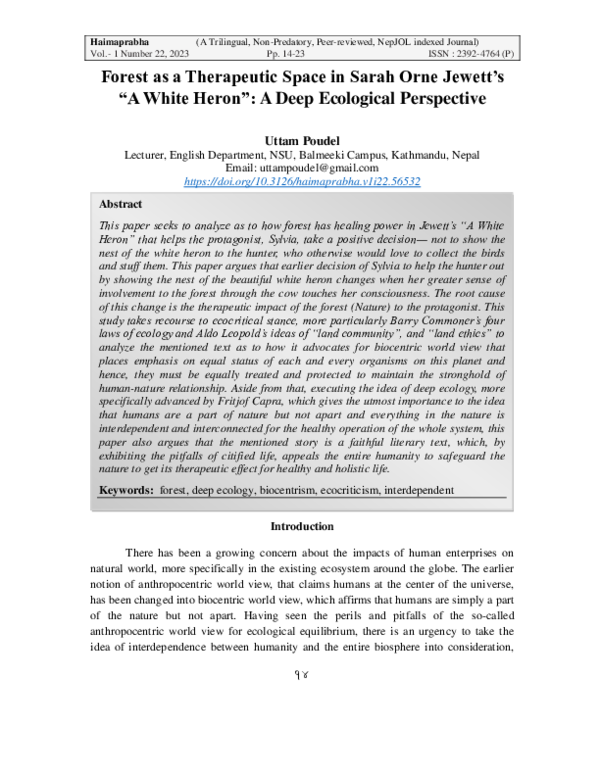 (PDF) Forest as a Therapeutic Space in Sarah Orne Jewett's "A White ...