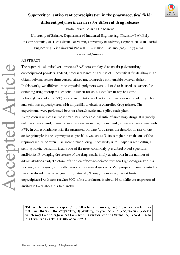 (PDF) Supercritical antisolvent coprecipitation in the pharmaceutical ...