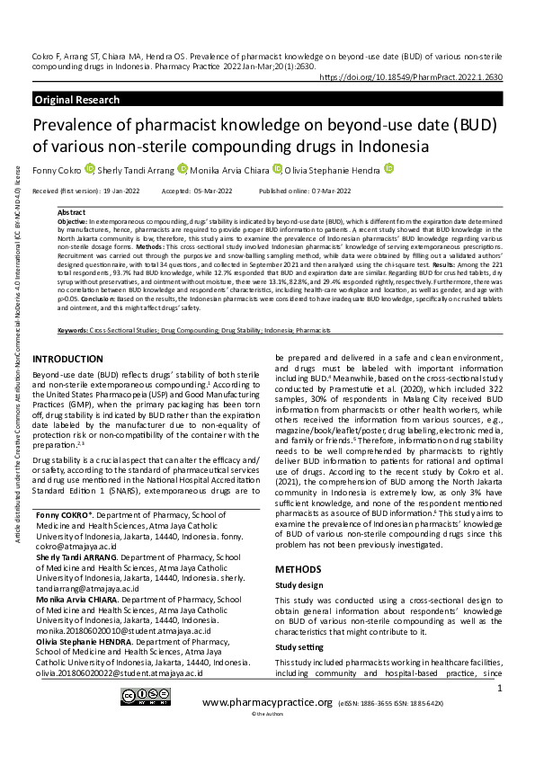 (PDF) Prevalence of pharmacist knowledge on beyond-use date (BUD) of ...