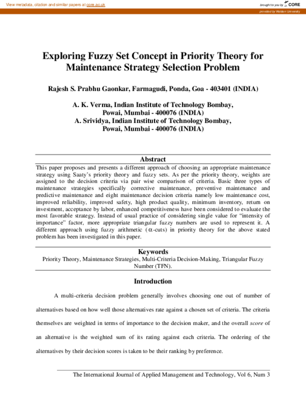 (PDF) Exploring Fuzzy Set Concept in Priority Theory for Maintenance Strategy Selection Problem