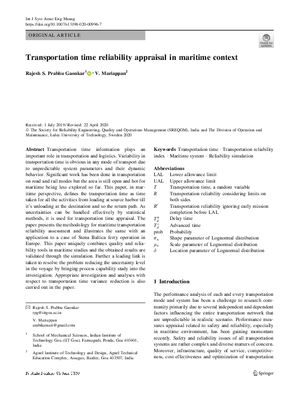 (PDF) Transportation time reliability appraisal in maritime context