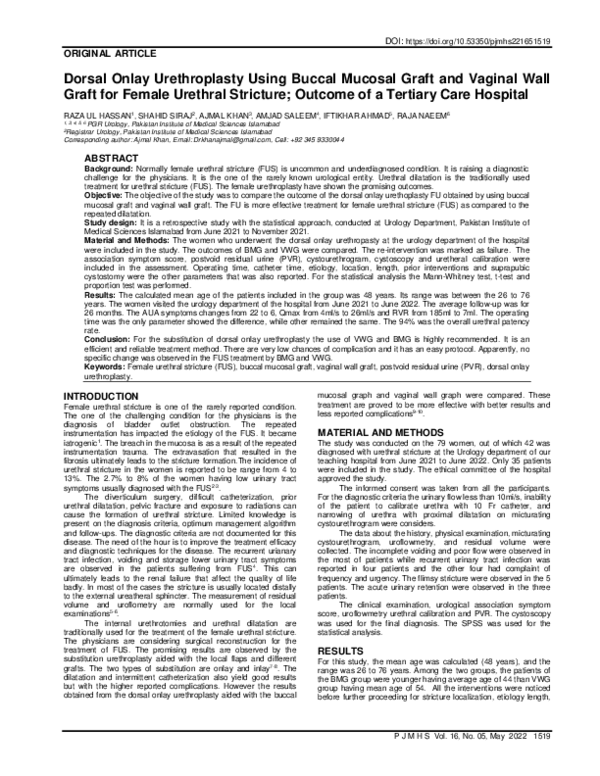 (PDF) Dorsal Onlay Urethroplasty Using Buccal Mucosal Graft and Vaginal ...