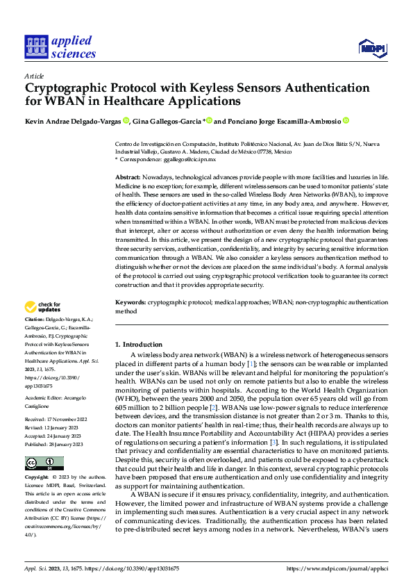 (PDF) Cryptographic Protocol with Keyless Sensors Authentication for WBAN in Healthcare Applications