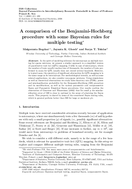 Pdf A Comparison Of The Benjamini Hochberg Procedure With Some Bayesian Rules For Multiple Testing