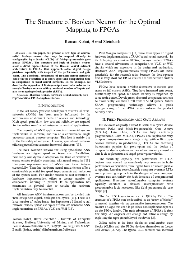 Pdf The Structure Of Boolean Neuron For The Optimal Mapping To Fpgas