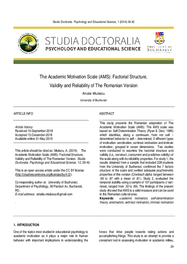 (PDF) The Academic Motivation Scale (AMS): Factorial Structure, Validity and Reliability of The ...