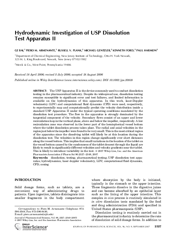 (PDF) Hydrodynamic Investigation of USP Dissolution Test Apparatus II