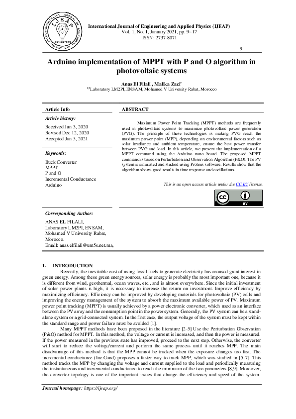 Pdf Arduino Implementation Of Mppt With P And O Algorithm In Photovoltaic Systems 