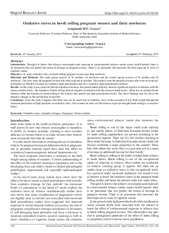 (PDF) Oxidative stress in beedi rolling pregnant women and their newborns