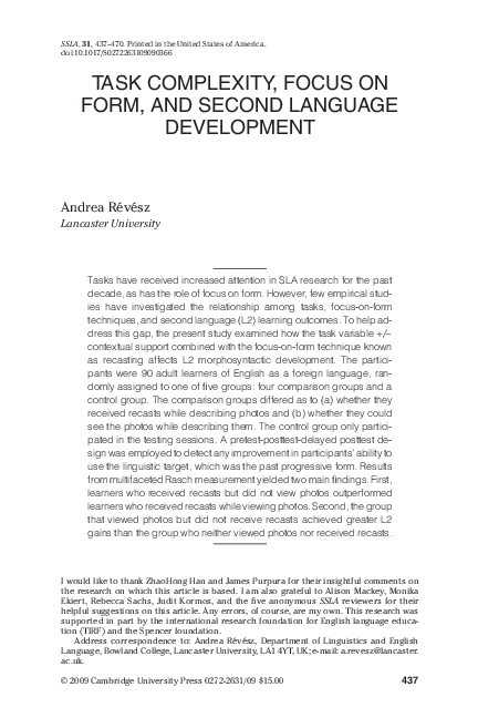 (PDF) Task Complexity, Focus on Form, and Second Language Development