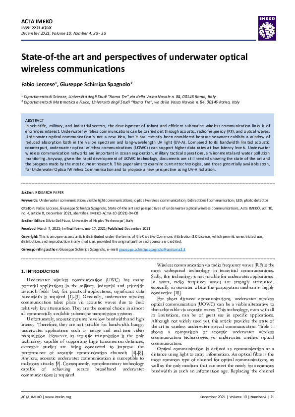 Pdf State Of The Art And Perspectives Of Underwater Optical Wireless Communications