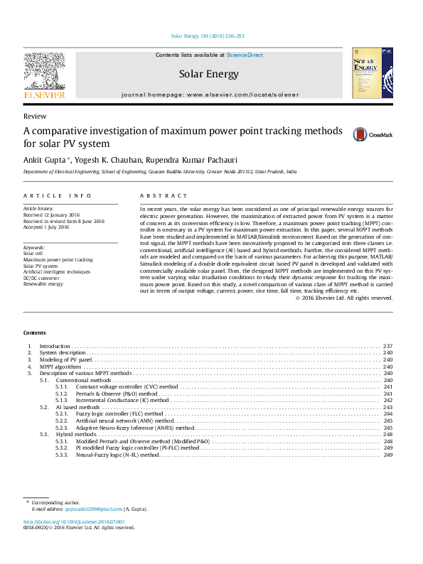 (PDF) A comparative investigation of maximum power point tracking methods for solar PV system