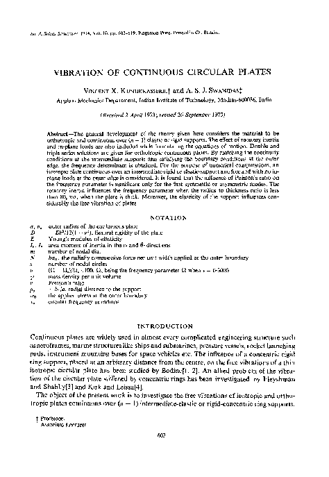 (PDF) Vibration of continuous circular plates | Arisi Swamidas ...