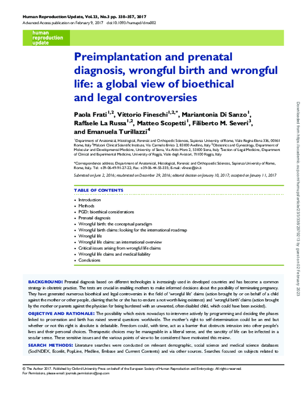 (PDF) Preimplantation and prenatal diagnosis, wrongful birth and ...