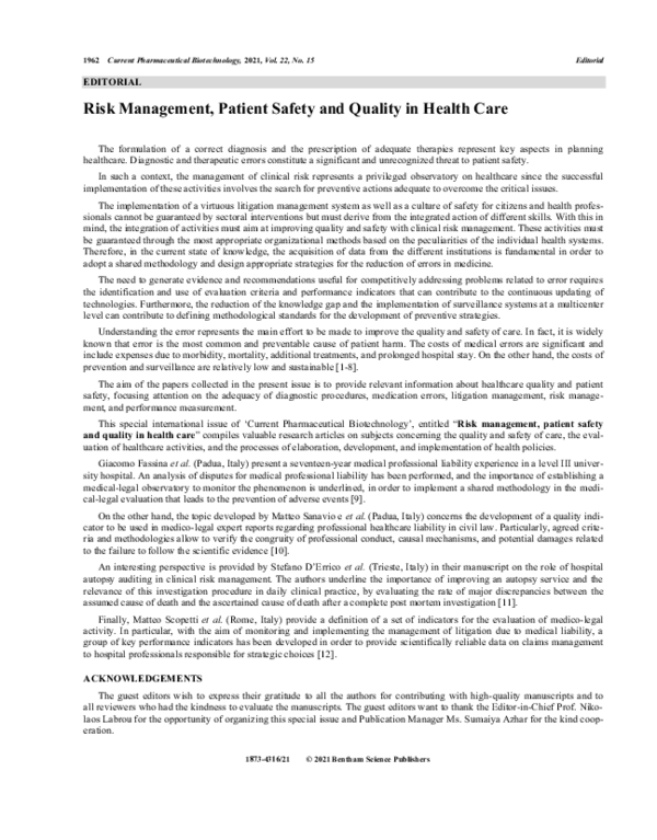 (PDF) Risk Management, Patient Safety and Quality in Health Care