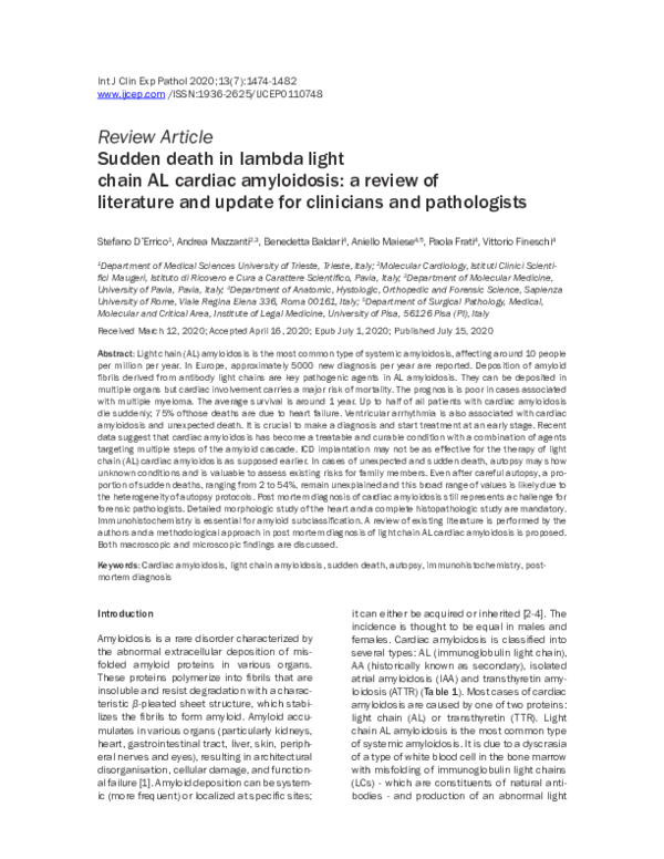 Pdf Sudden Death In Lambda Light Chain Al Cardiac Amyloidosis A Review Of Literature And