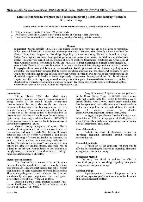 (PDF) Effect of Educational Program on Knowledge Regarding Leiomyomas among Women in ...